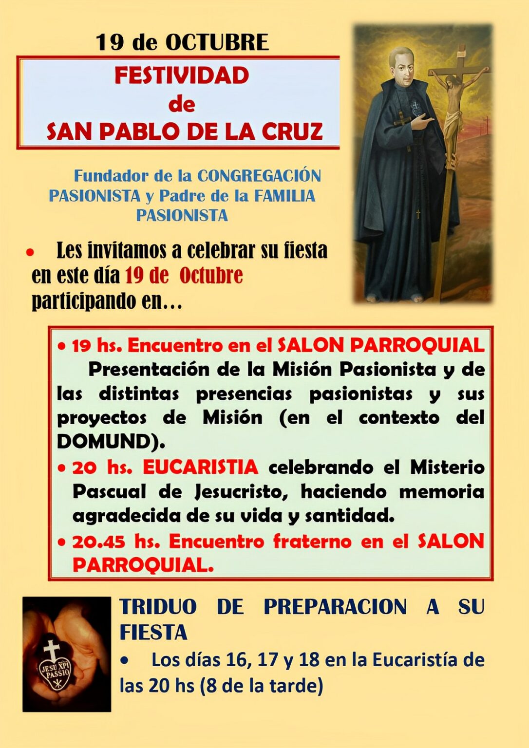 ACTIVIDADES EN EL MARCO DE LA SOLEMNIDAD DE SAN PABLO DE LA CRUZ ...